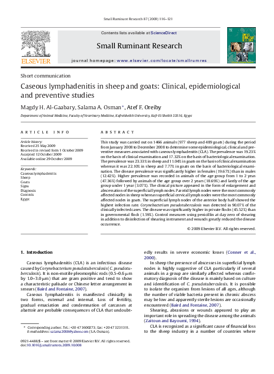 (PDF) Caseous lymphadenitis in sheep and goats: Clinical ...