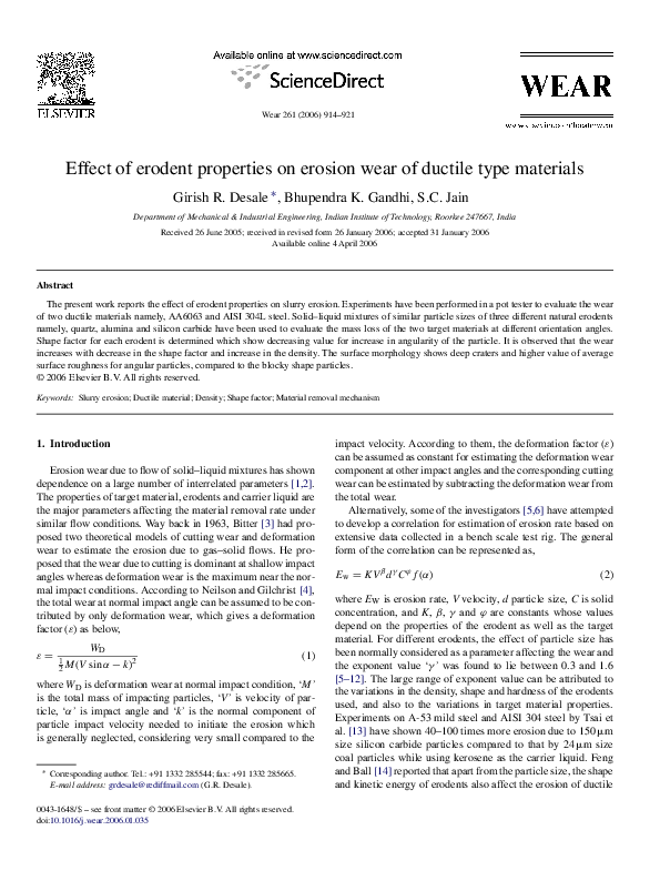 (PDF) Effect of erodent properties on erosion wear of ductile type ...