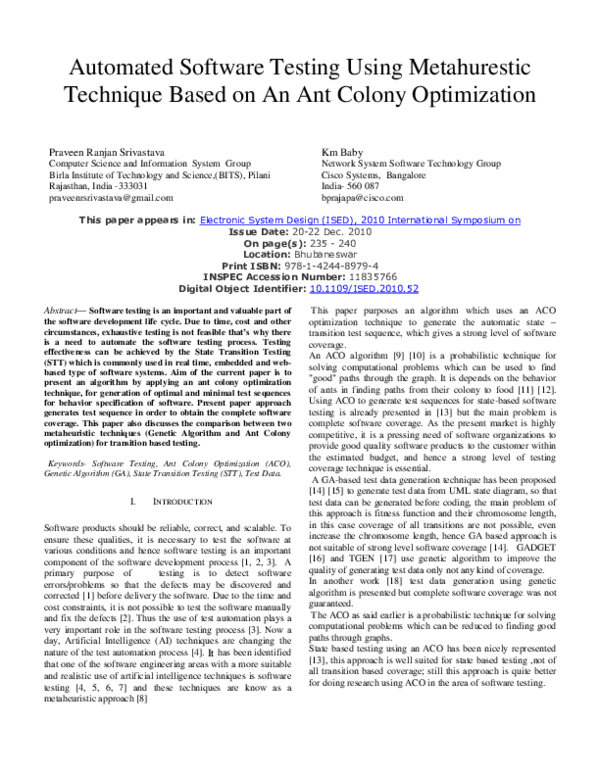 Pdf Automated Software Testing Using Metahurestic Technique Based On An Ant Colony Optimization