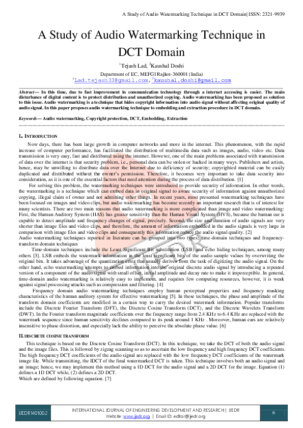 (PDF) A Study of Audio Watermarking Technique in DCT Domain