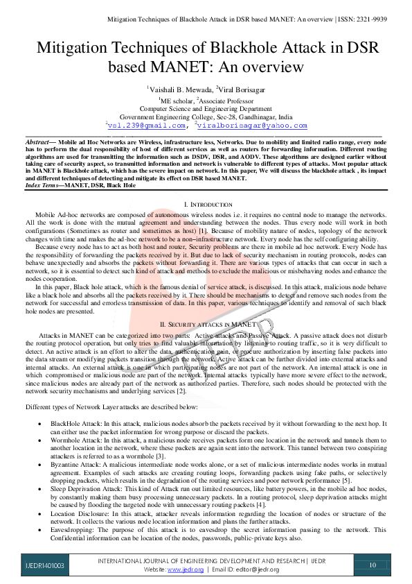 Pdf Mitigation Techniques Of Blackhole Attack In Dsr Based Manet An Overview