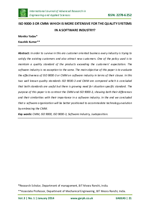 (PDF) ISO 9000-3 OR CMM: WHICH IS MORE EXTENSIVE FOR THE QUALITY ...