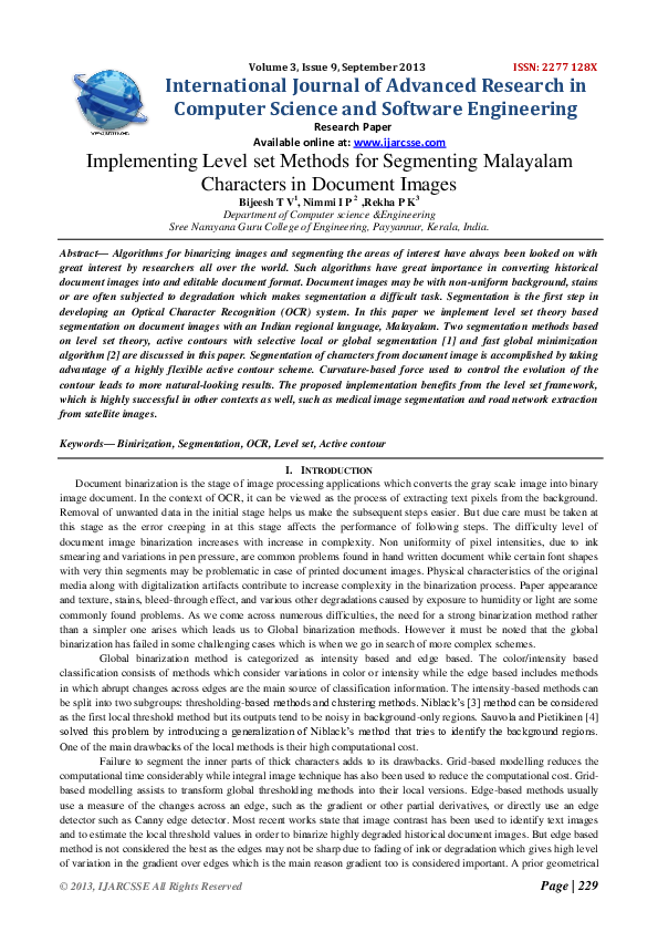 Implementing Level set Methods for Segmenting Malayalam Characters in Document Images