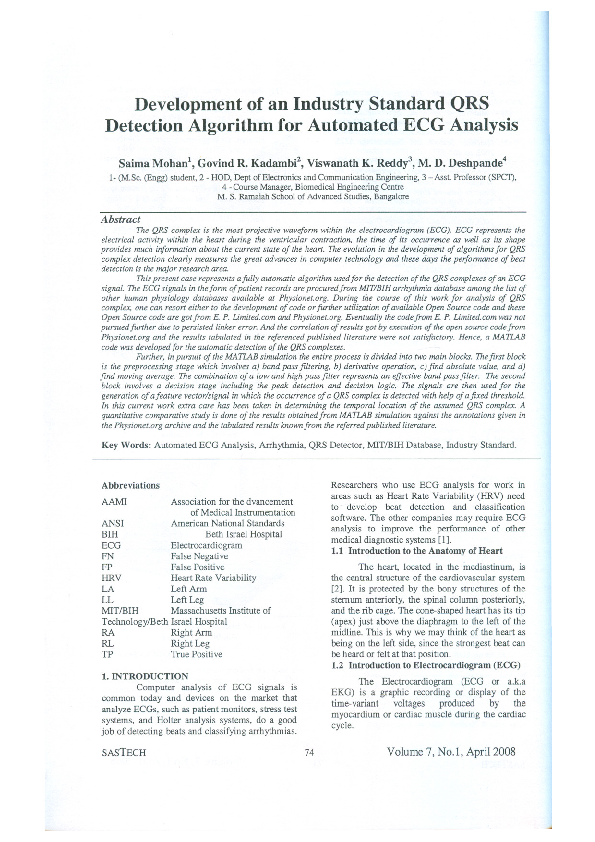 (PDF) Development of an Industry Standard QRS Detection Algorithm for Automated ECG Analysis