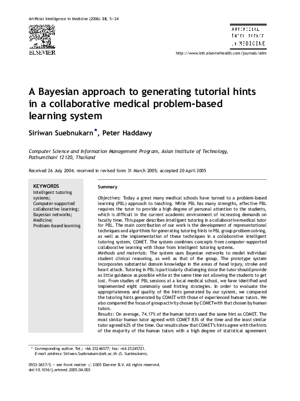 (PDF) A Bayesian approach to generating tutorial hints in a collaborative medical problem-based ...