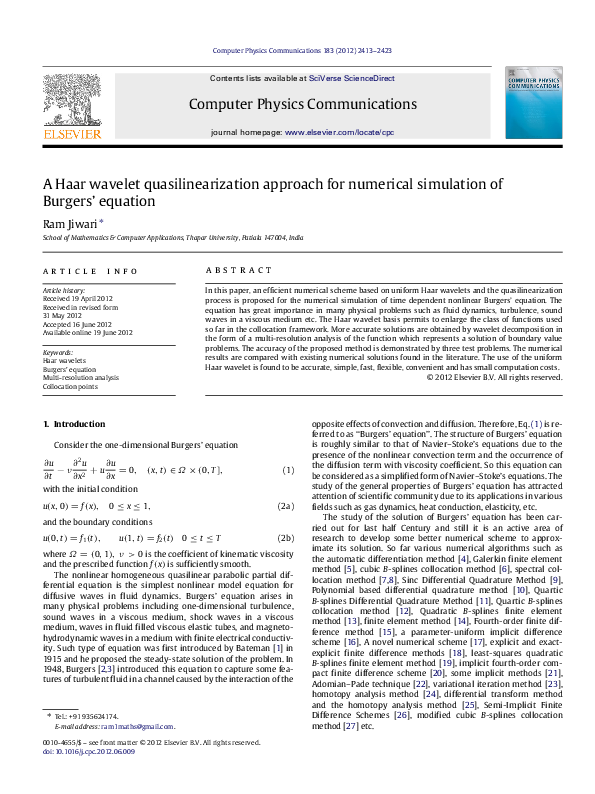 Pdf A Haar Wavelet Quasilinearization Approach For Numerical Simulation Of Burgers Equation