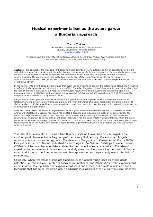 (PDF) Musical experimentalism as the avant-­garde: a Bürgerian approach