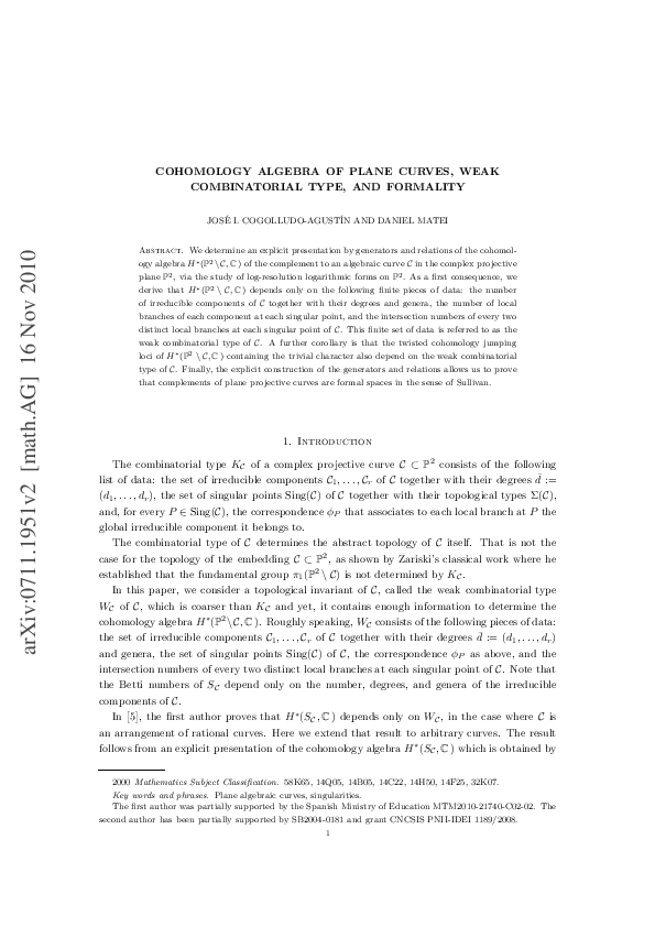 (PDF) Cohomology algebra of plane curves, weak combinatorial type, and formality