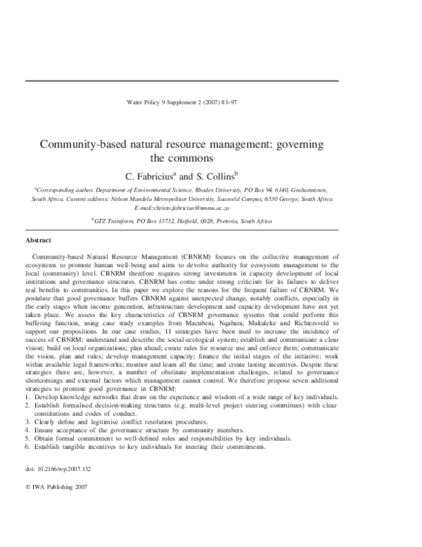 (PDF) Community-based natural resource management: governing the commons