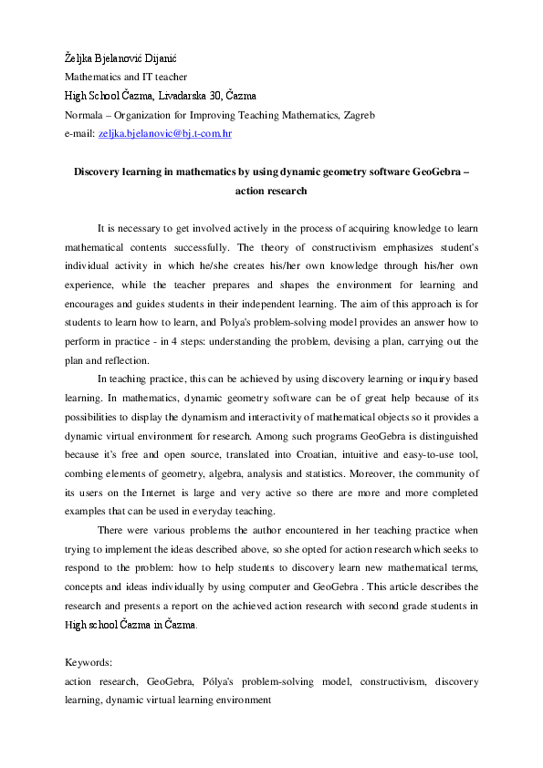 Pdf Discovery Learning In Mathematics By Using Dynamic Geometry Software Geogebra Action
