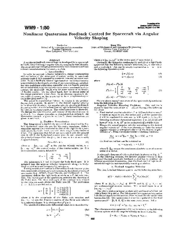 Pdf Nonlinear Quaternion Feedback Control For Spacecraft Via Angular