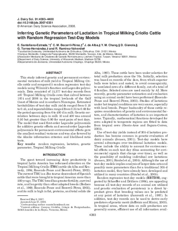 (PDF) Inferring Genetic Parameters of Lactation in Tropical Milking Criollo Cattle with Random ...