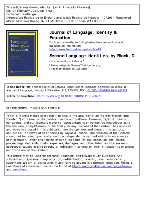 (PDF) Second Language Identities, by Block, D.