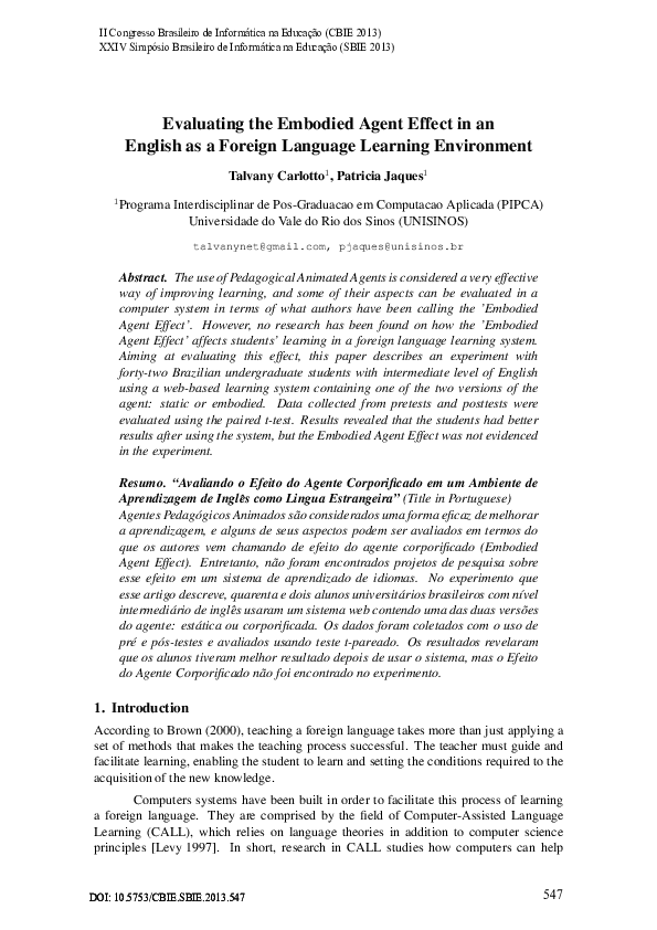 Pdf Evaluating The Embodied Agent Effect In An English As A Foreign Language Learning Environment