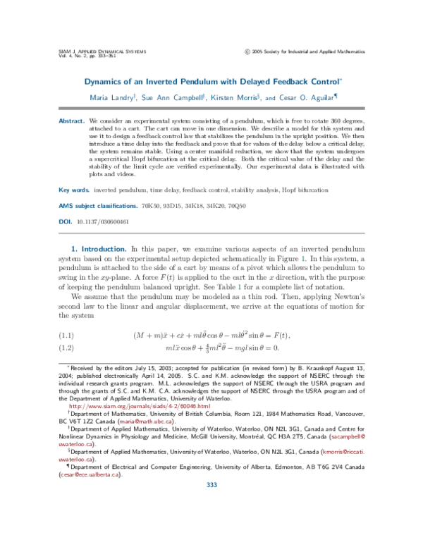 (PDF) Dynamics of an Inverted Pendulum with Delayed Feedback Control
