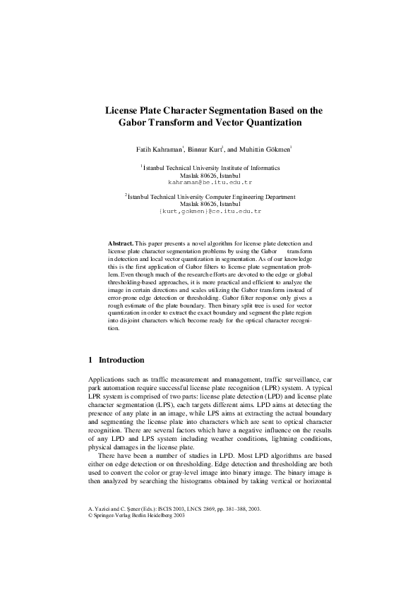 (PDF) License Plate Character Segmentation Based on the Gabor Transform and Vector Quantization