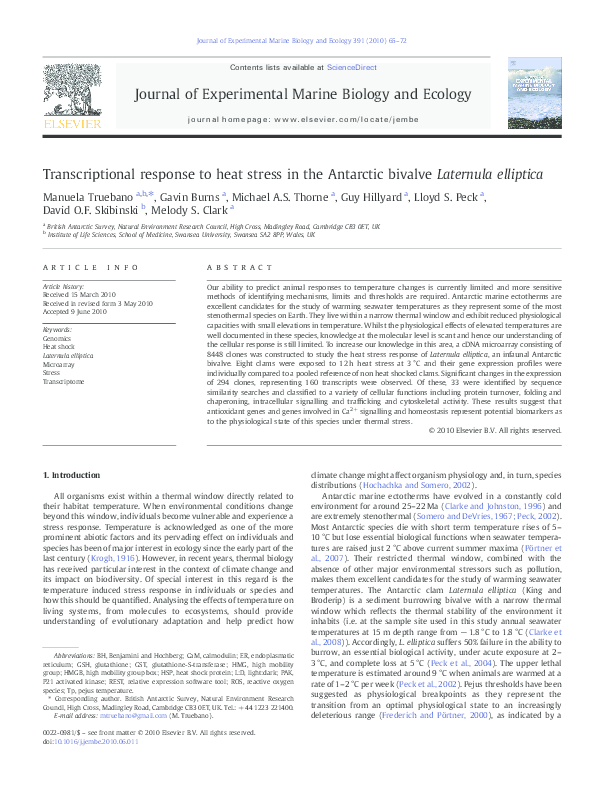 (PDF) Transcriptional response to heat stress in the Antarctic bivalve ...