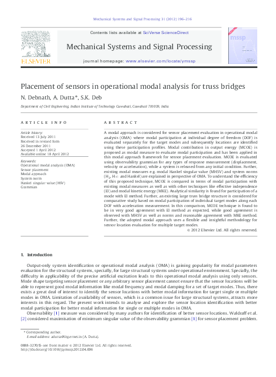 (PDF) Placement of sensors in operational modal analysis for truss bridges