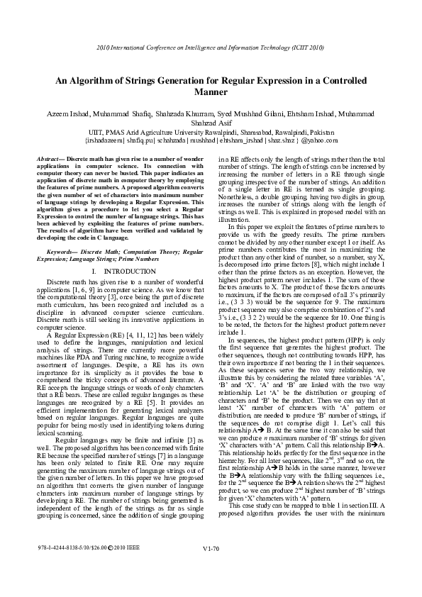 An Algorithm Of Strings Generation For Regular Expression In A Controlled Manner