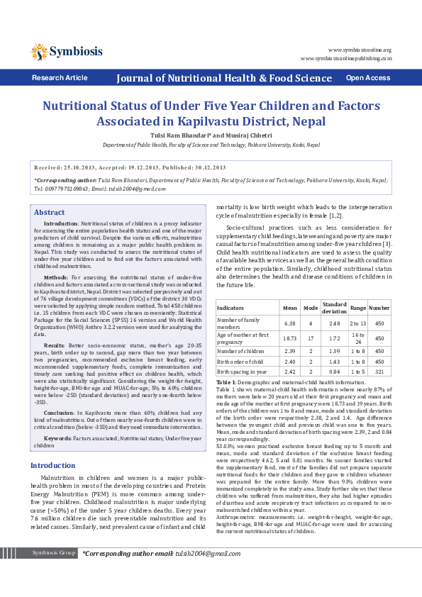 (PDF) Nutritional Status of Under Five Year Children and Factors ...