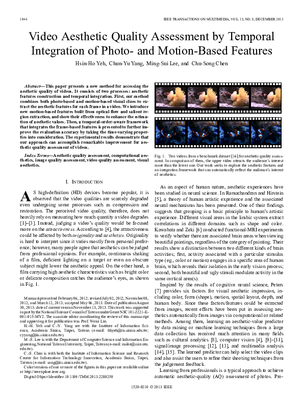 (PDF) Video Aesthetic Quality Assessment by Temporal Integration of ...