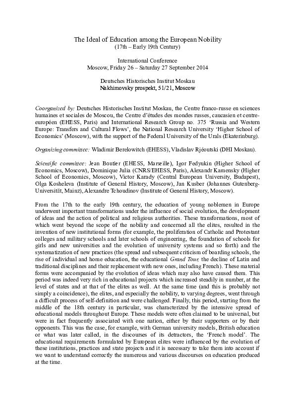 (DOC) The Ideal of Education among the European Nobility