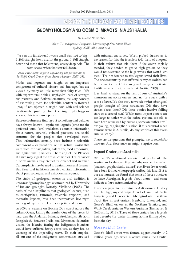 (PDF) Geomythology and Cosmic Impacts in Australia