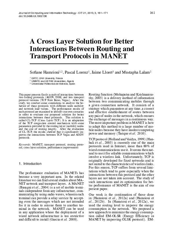 Pdf A Cross Layer Solution For Better Interactions Between Routing And Transport Protocols In
