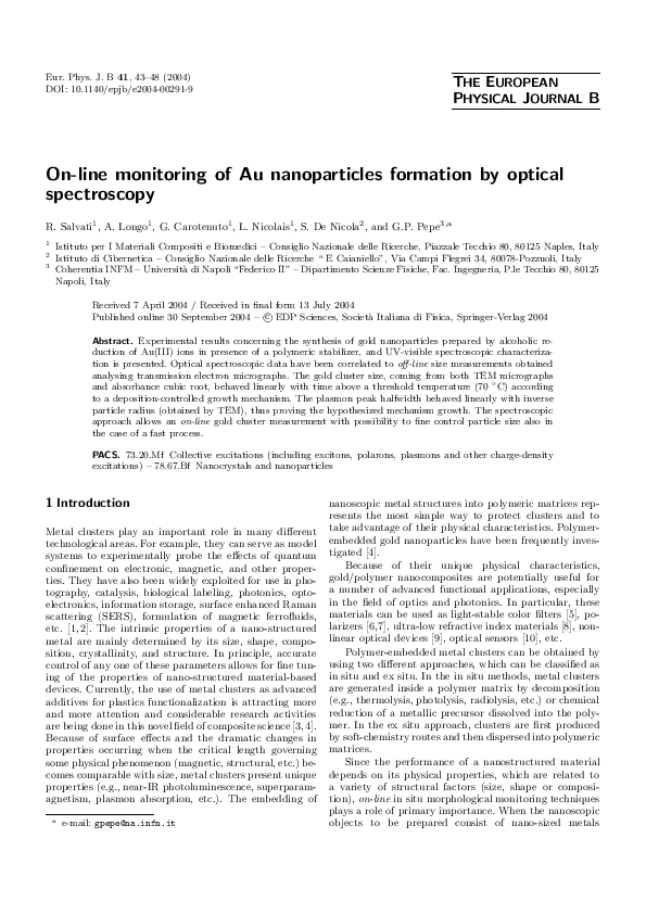(PDF) On-line monitoring of Au nanoparticles formation by optical ...