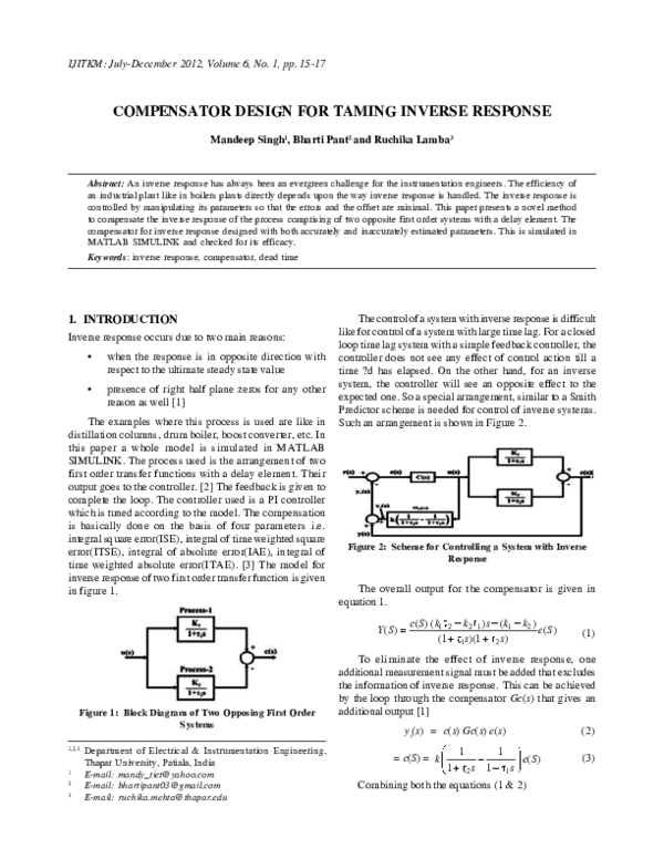 Pdf Compensator Design For Taming Inverse Response