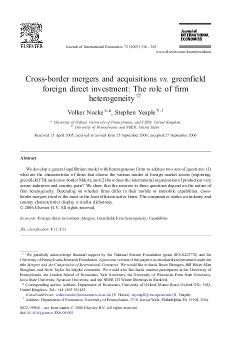 (PDF) Cross-border mergers and acquisitions vs. greenfield foreign direct investment: The role ...