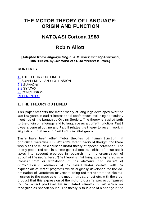 (PDF) MOTOR THEORY OF LANGUAGE ORIGIN AND FUNCTION