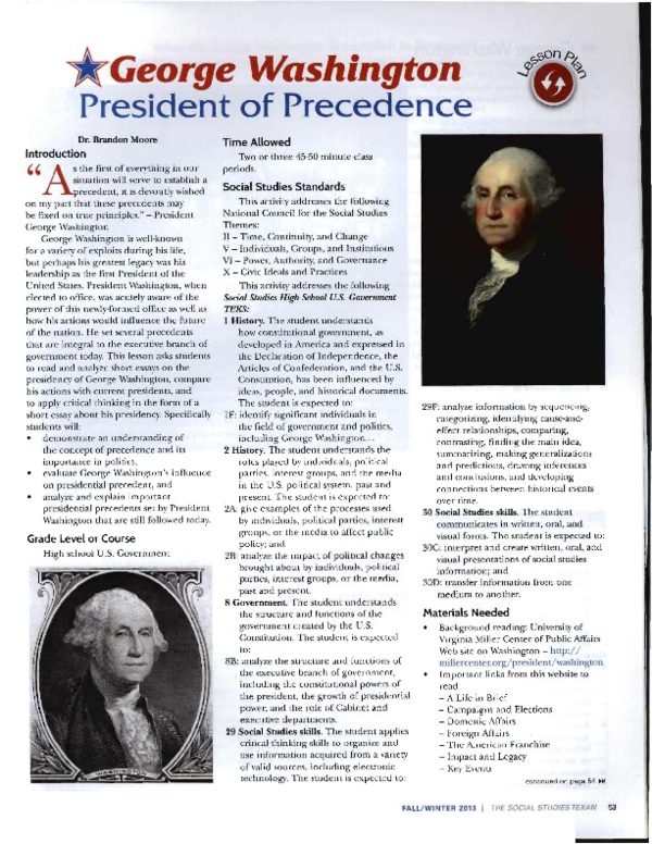 (PDF) George Washington: President of Precedence Lesson Plan