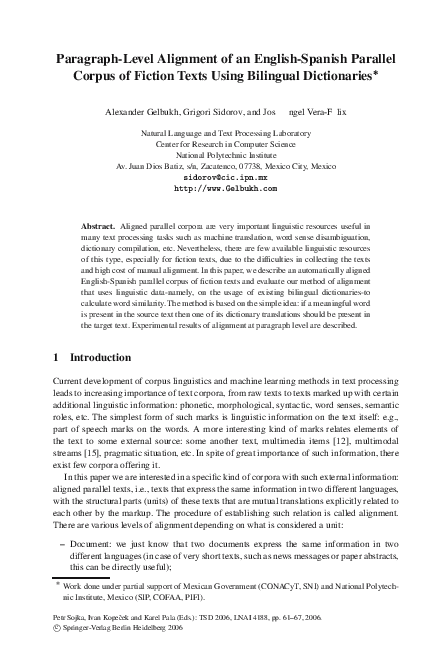(PDF) Paragraph-Level alignment of an english-spanish parallel corpus of fiction texts using ...