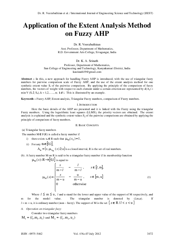 (PDF) Application of the Extent Analysis Method on Fuzzy AHP