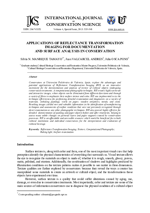 Pdf Applications Of Reflectance Transformation Imaging For Documentation And Surface Analysis