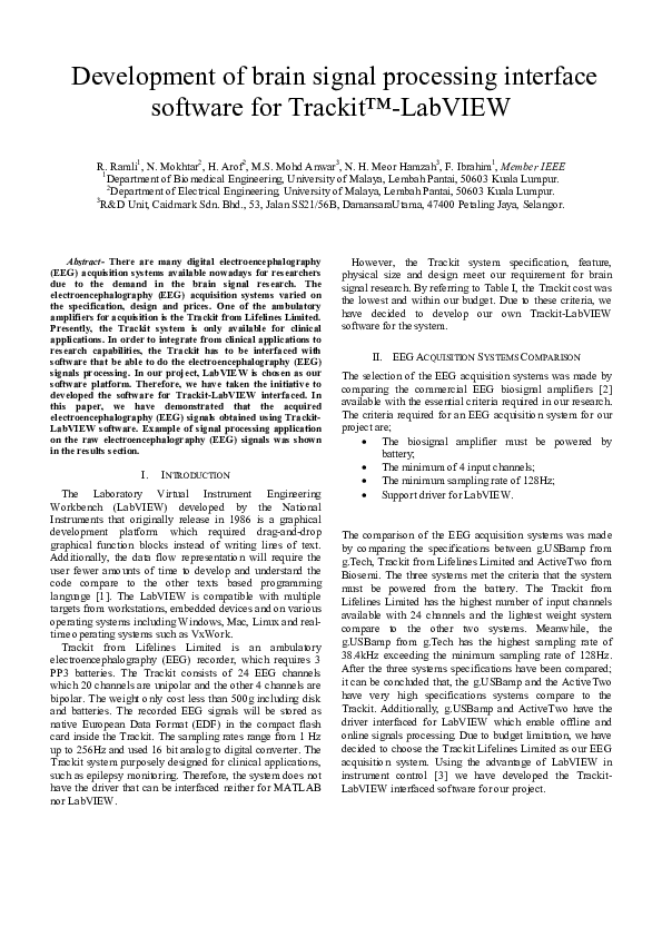 (PDF) Development of brain signal processing interface software for Trackit™-LabVIEW | Fatimah ...