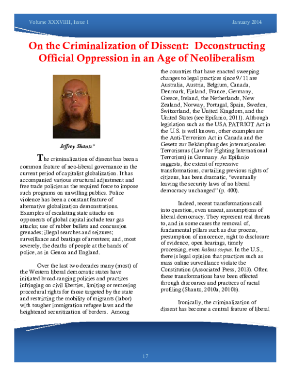 (PDF) On the Criminalization of Dissent: Deconstructing Official Oppression in an Age of ...
