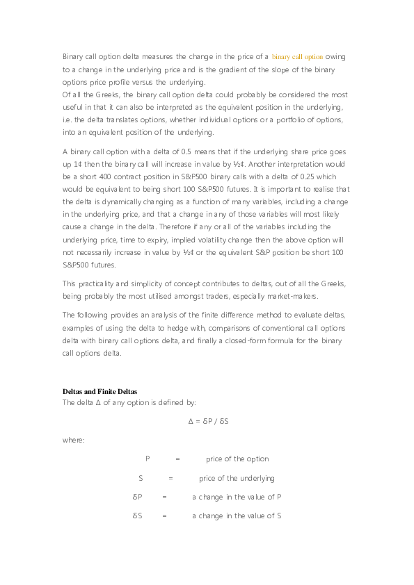 (DOC) Binary call option delta measures the change in the price of a ...