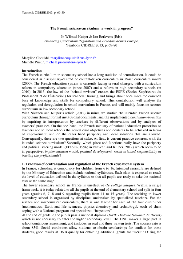 (PDF) The French science curriculum: a work in progress?