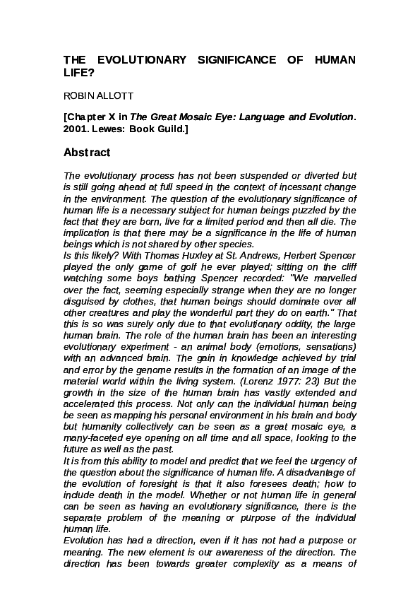 (PDF) THE EVOLUTIONARY SIGNIFICANCE OF HUMAN LIFE