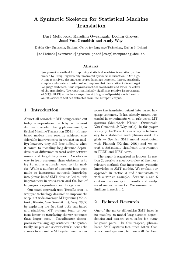 (PDF) A Syntactic Skeleton for Statistical Machine Translation