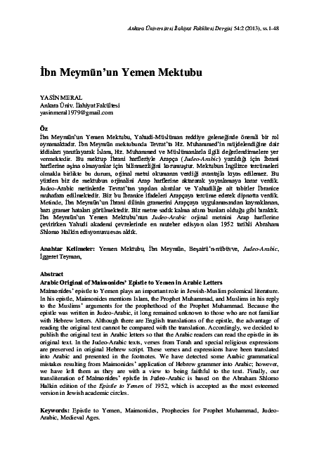 (PDF) Yahudi Bilgin İbn Meymun'un Yemen Mektubu (Judeo-Arabic Original ...
