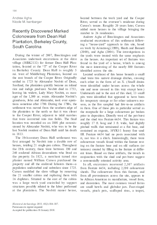 (PDF) Recently Discovered Marked Colonoware from Dean Hall Plantation ...