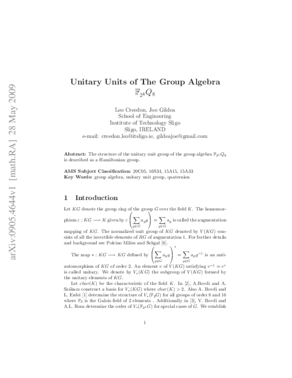(PDF) Unitary Units of The Group Algebra ${\mathbb{F}}_{2^k}Q_{8