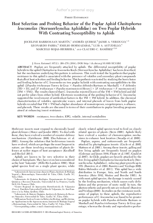 (PDF) Host Selection and Probing Behavior of the Poplar Aphid ...