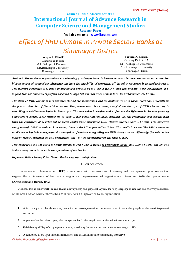 (PDF) Effect of HRD Climate in Private Sectors Banks at Bhavnagar ...