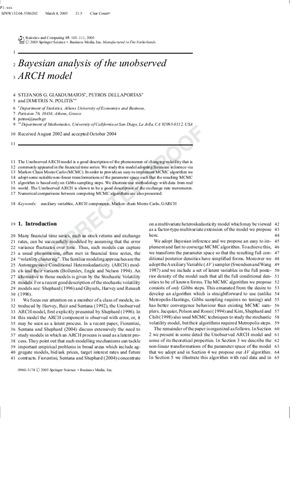 Pdf Bayesian Analysis Of The Unobserved Arch Model