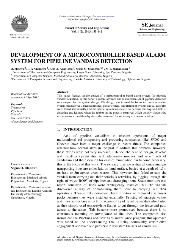 (PDF) Science and Engineering DEVELOPMENT OF A MICROCONTROLLER BASED ALARM SYSTEM FOR PIPELINE ...