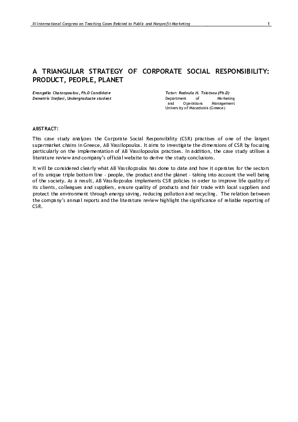 (PDF) A Triangular strategy of Corporate Socia Responsibility: Product ...